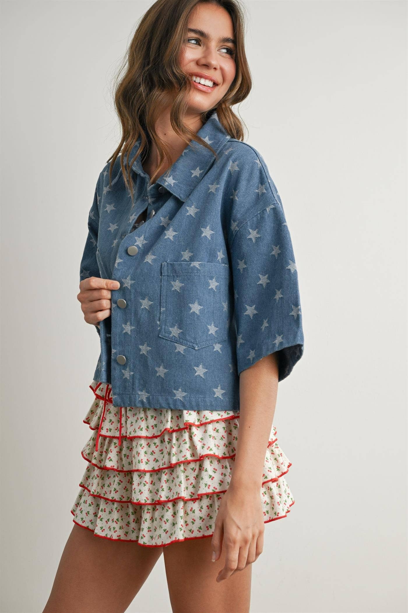 Wholesale PM1686 - STAR PRINT BUTTON FRONT CROPPED JACKET for your ...