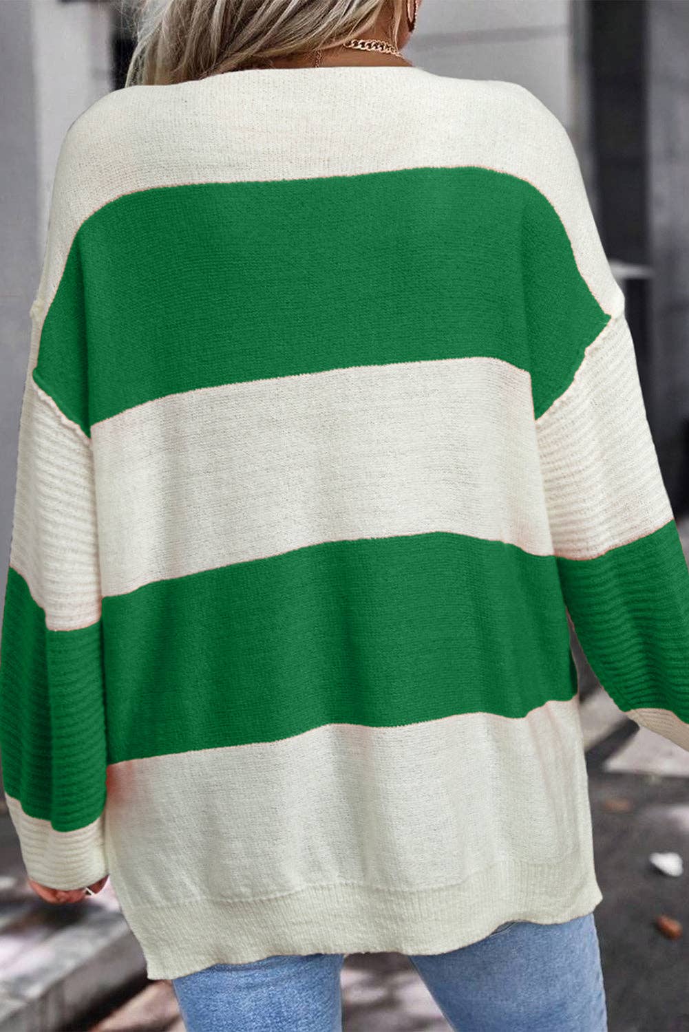 Wholesale Green Stripe Loose Color Block Drop Shoulder Bubble Sleeve ...