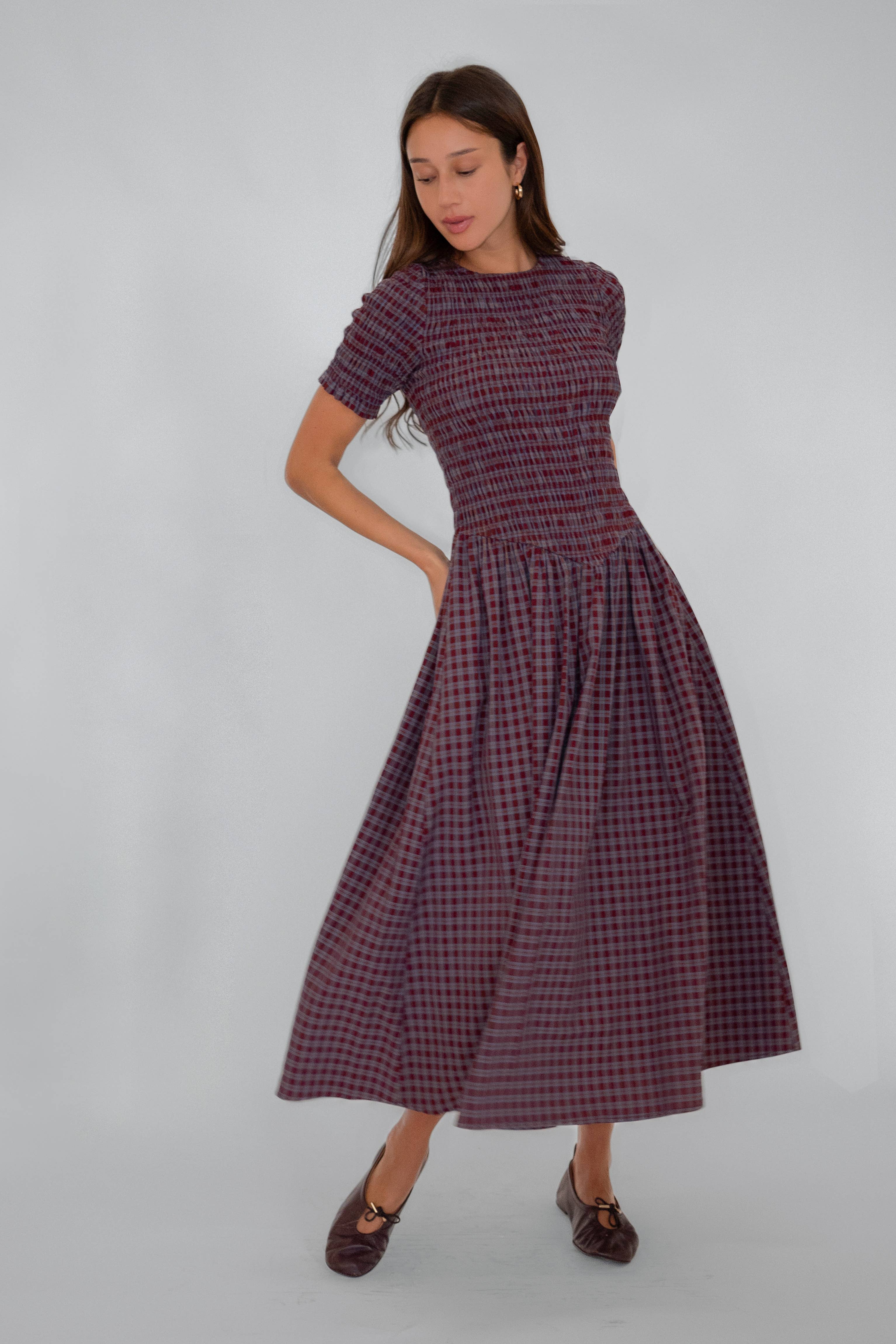 Wholesale Beatrix Smocked Grape Plaid Midi Dress for your store - Faire