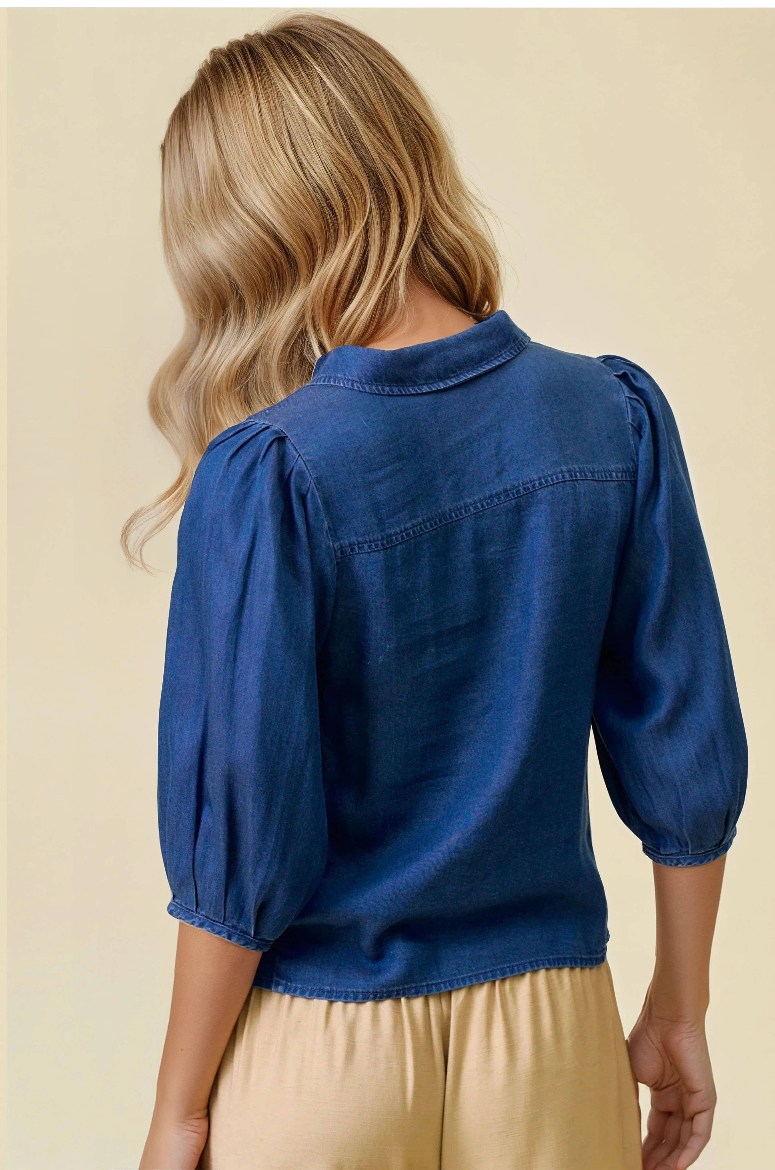 Wholesale TENCEL CHAMBRAY PLEATS DETAIL PUFF SLEEVE SHIRT - 45541T for ...