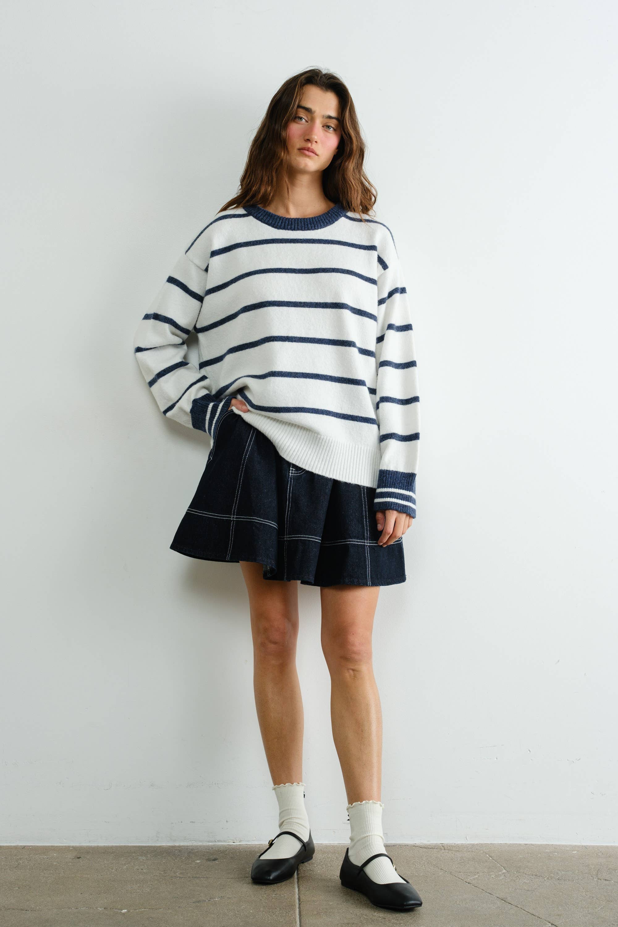 Wholesale HSW2237-WHITE-Oversized Striped Sweater for your store - Faire