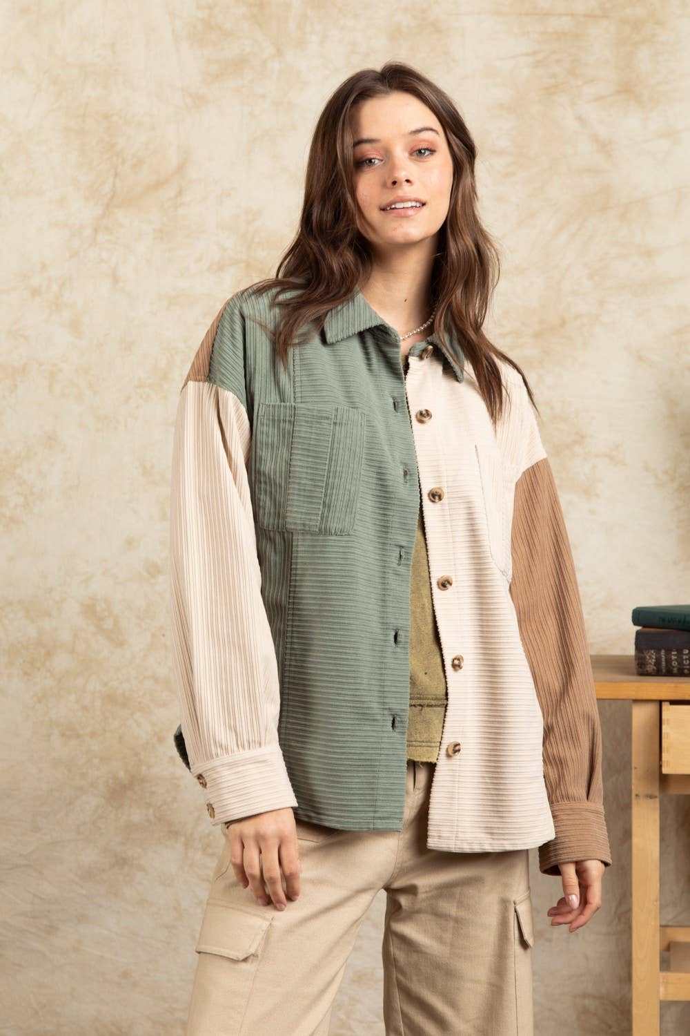 Wholesale NT11301-Color Block Corduroy Casual Shacket Jacket for your ...