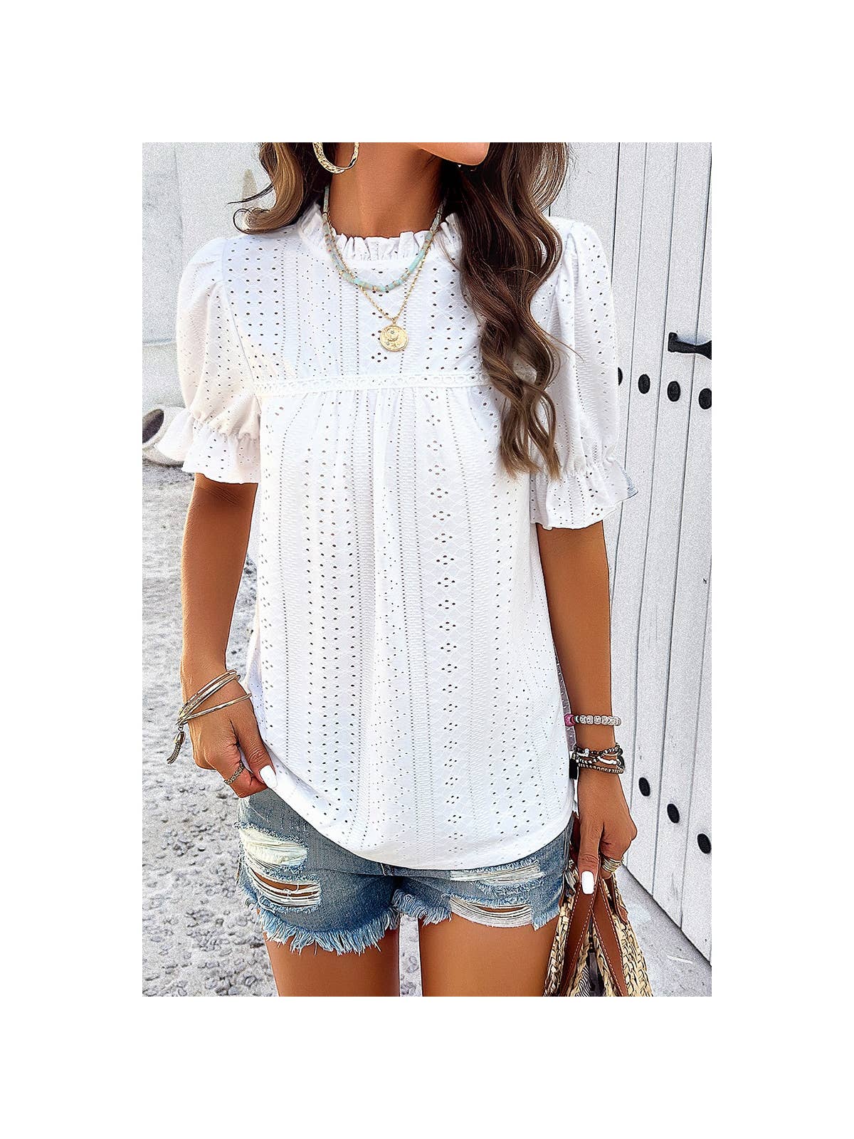 Wholesale Lace Hollow Out Ruffle Loose Fit Blouse For Your Store Faire