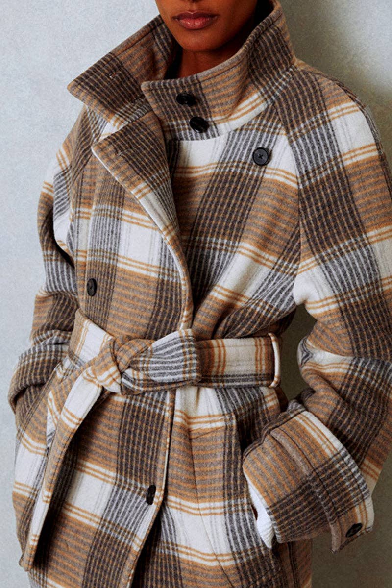 Wholesale Plaid Belted Double-Breasted Coat for your store - Faire