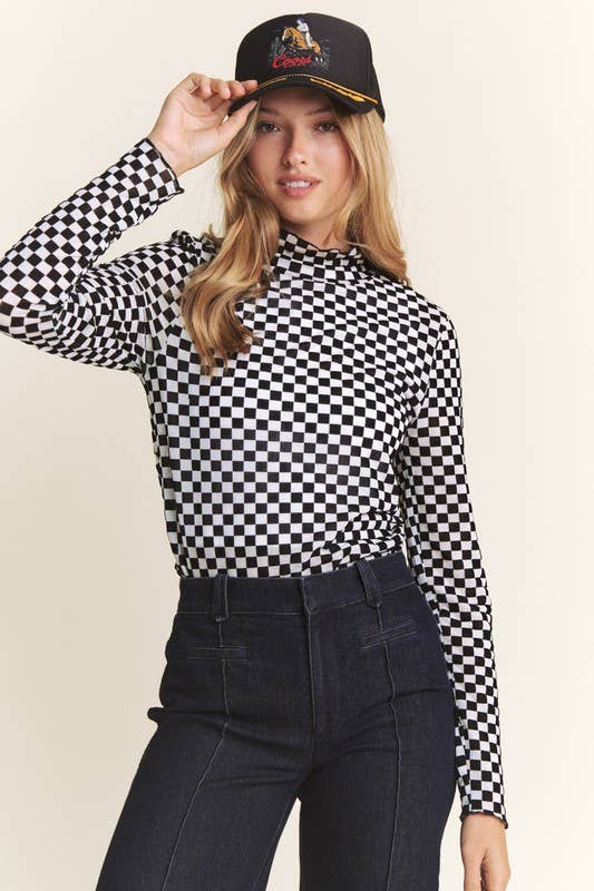 Wholesale LONG SLEEVE CHECKERED MESH MOCK NECK TOP for your store - Faire