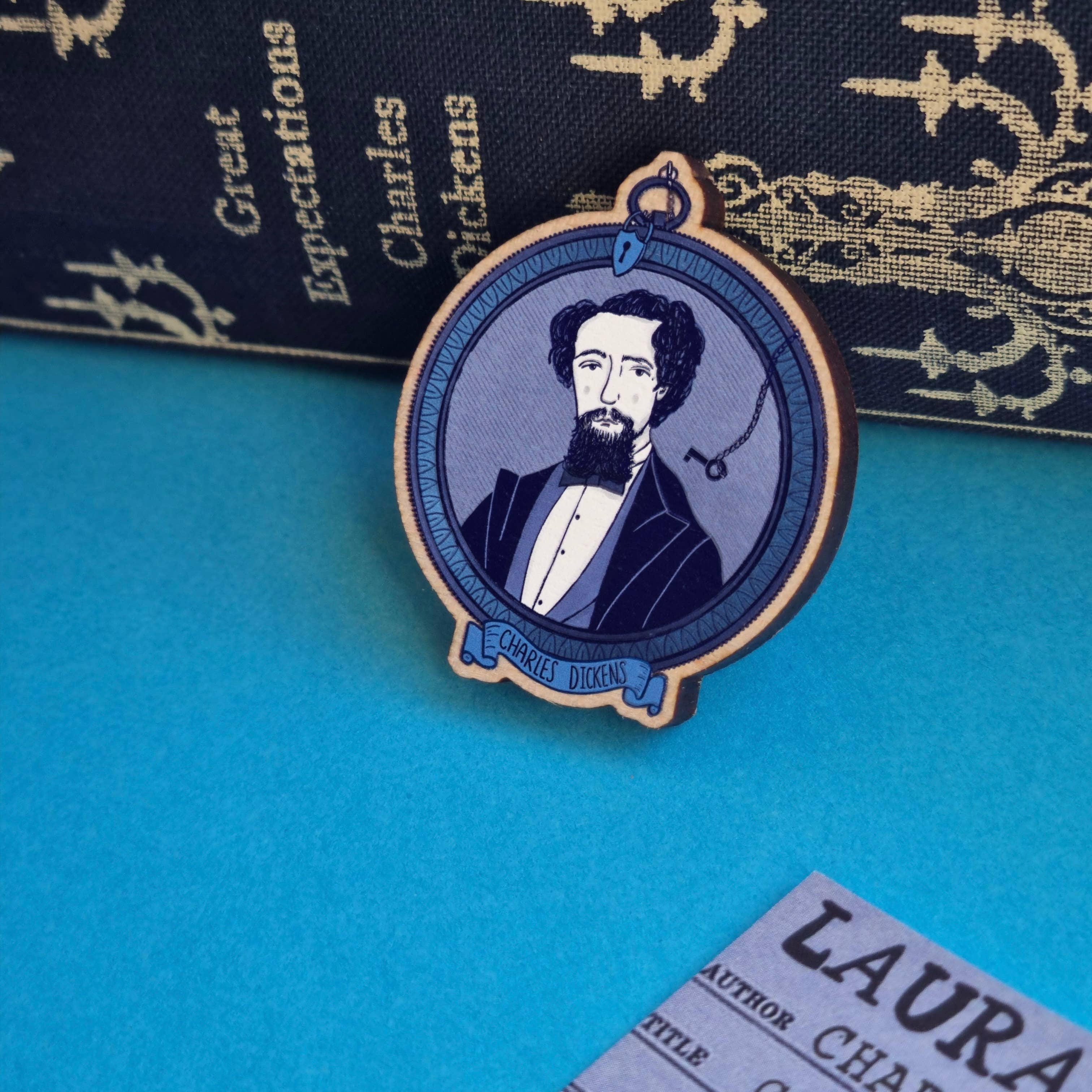 Wholesale Charles Dickens Portrait Wooden Pin Badge for your store - Faire