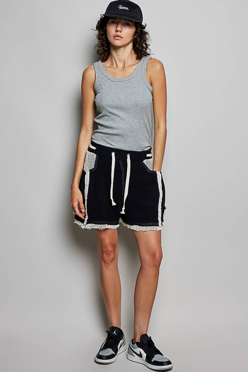 Wholesale Vintage Washing Stripe Solid Crochet Patch Short Wide Pants ...