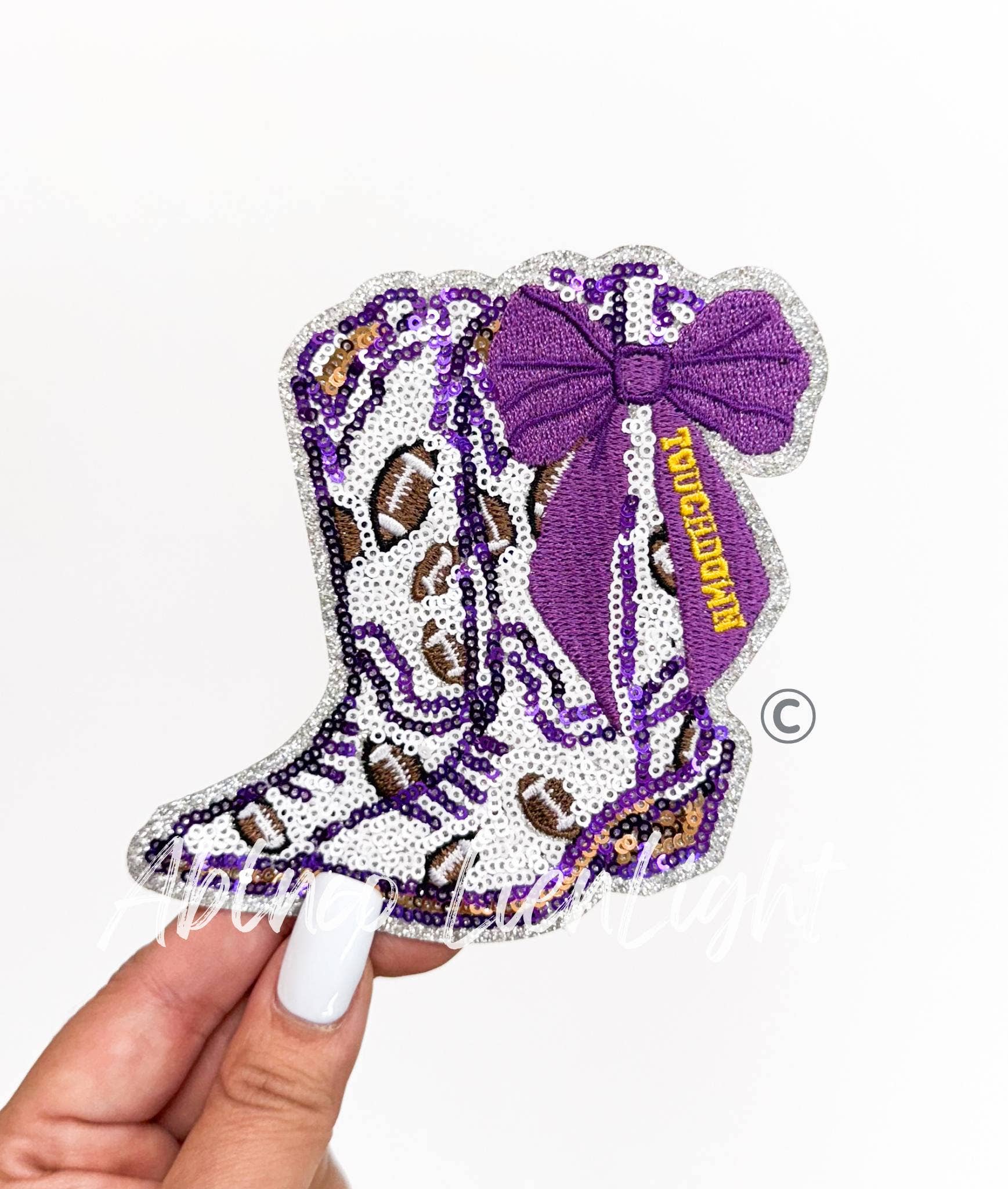 Wholesale Football Touchdown Purple Bow Boot Sequin Patch - Small for your store - Faire