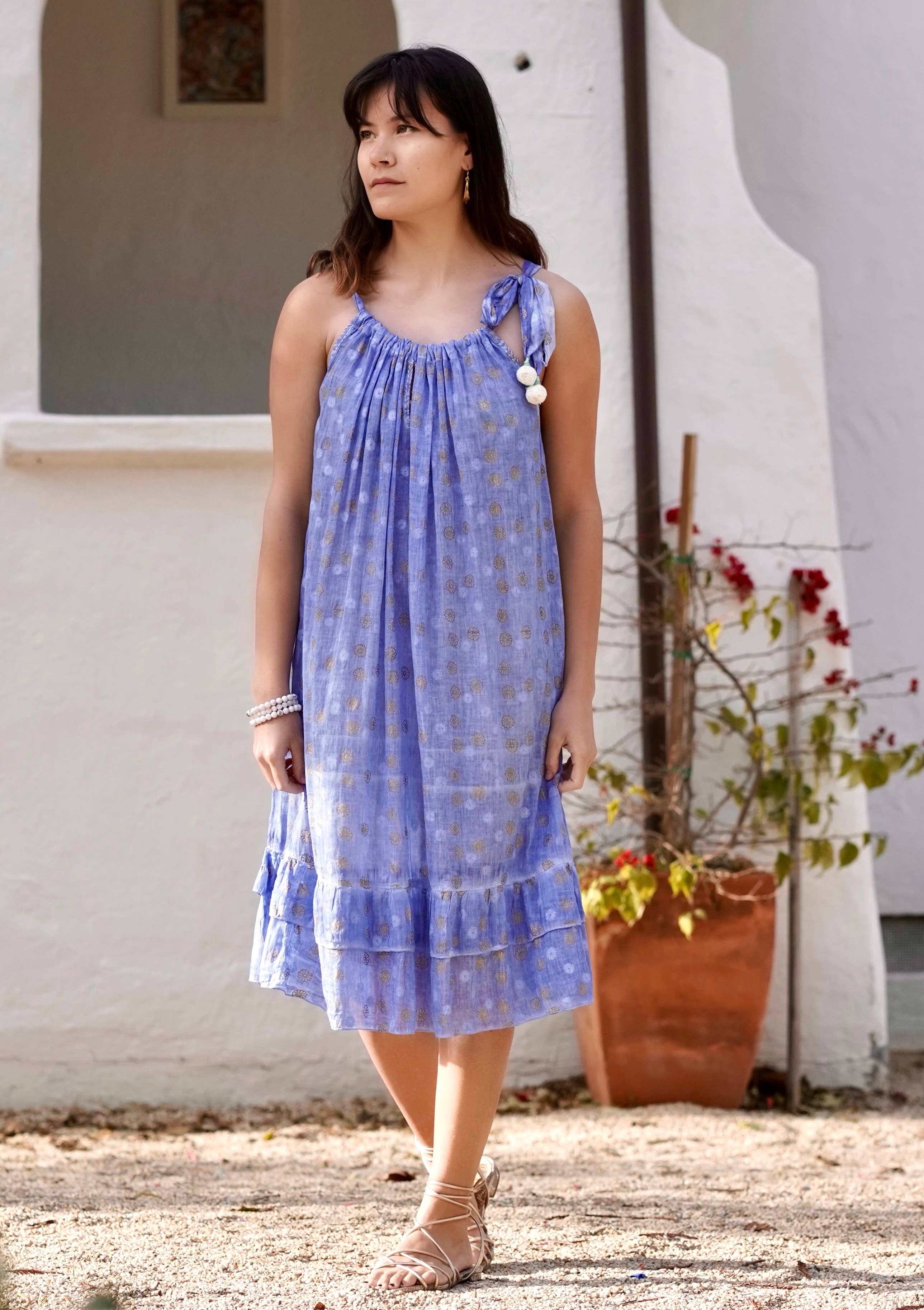 Wholesale Ro Shoulder Tie Dress Blue for your store - Faire