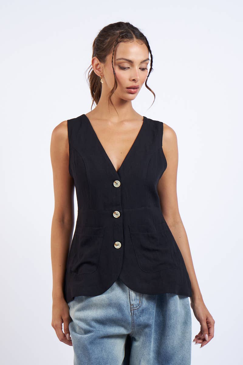 Wholesale SOLID COLOR V-NECK FRONT BUTTON RAYON VEST for your store - Faire