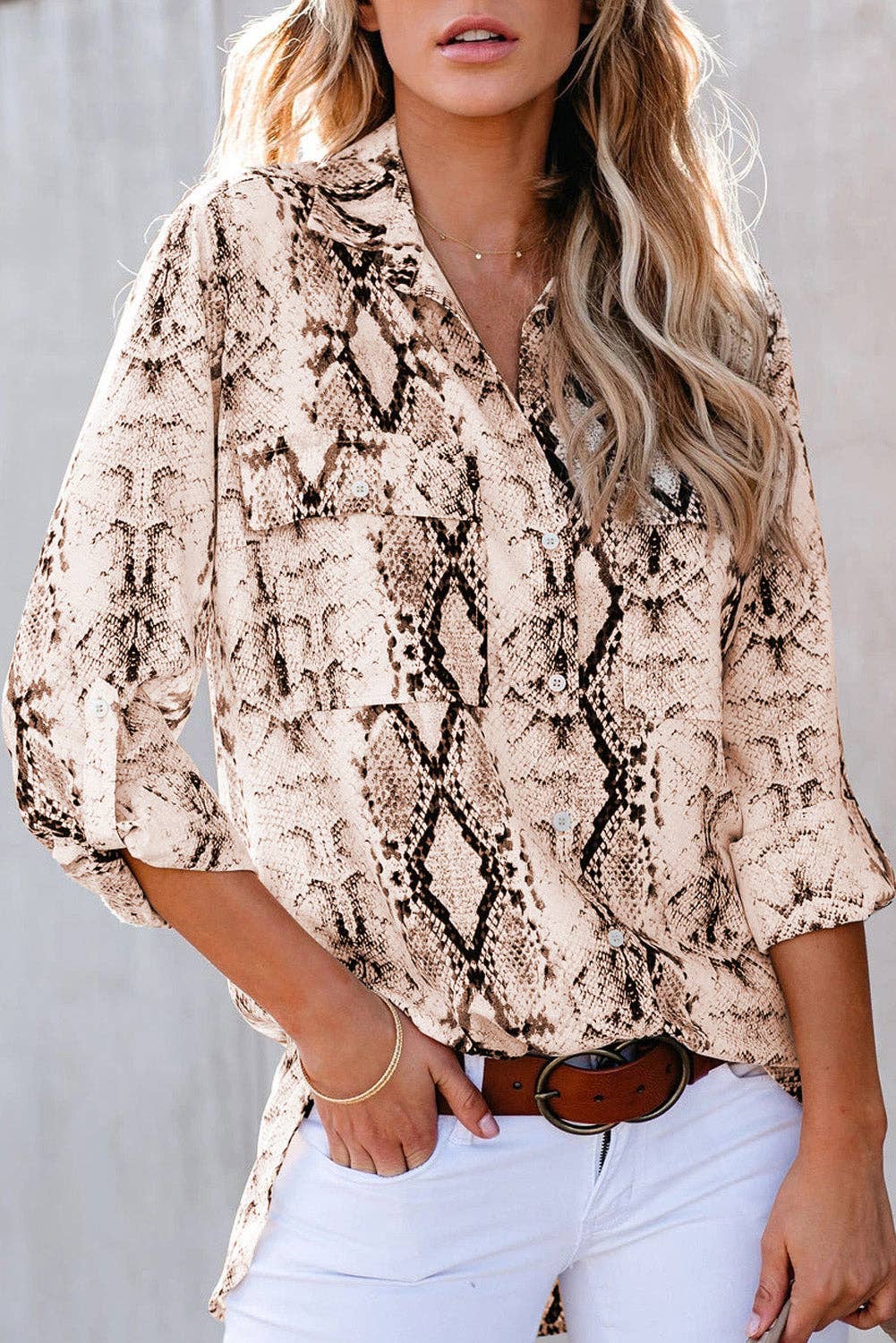 Wholesale Brown Wild Snake Print Shirt with Pockets for your store - Faire