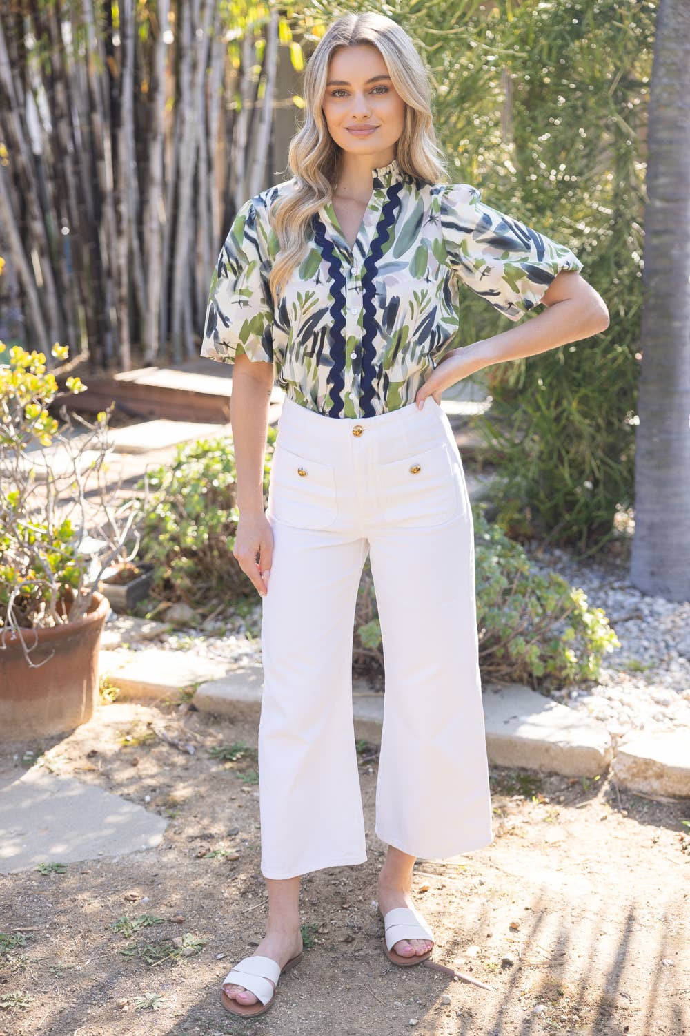 Wholesale 36025 Wavy Trim Button Down Print Top for your store - Faire