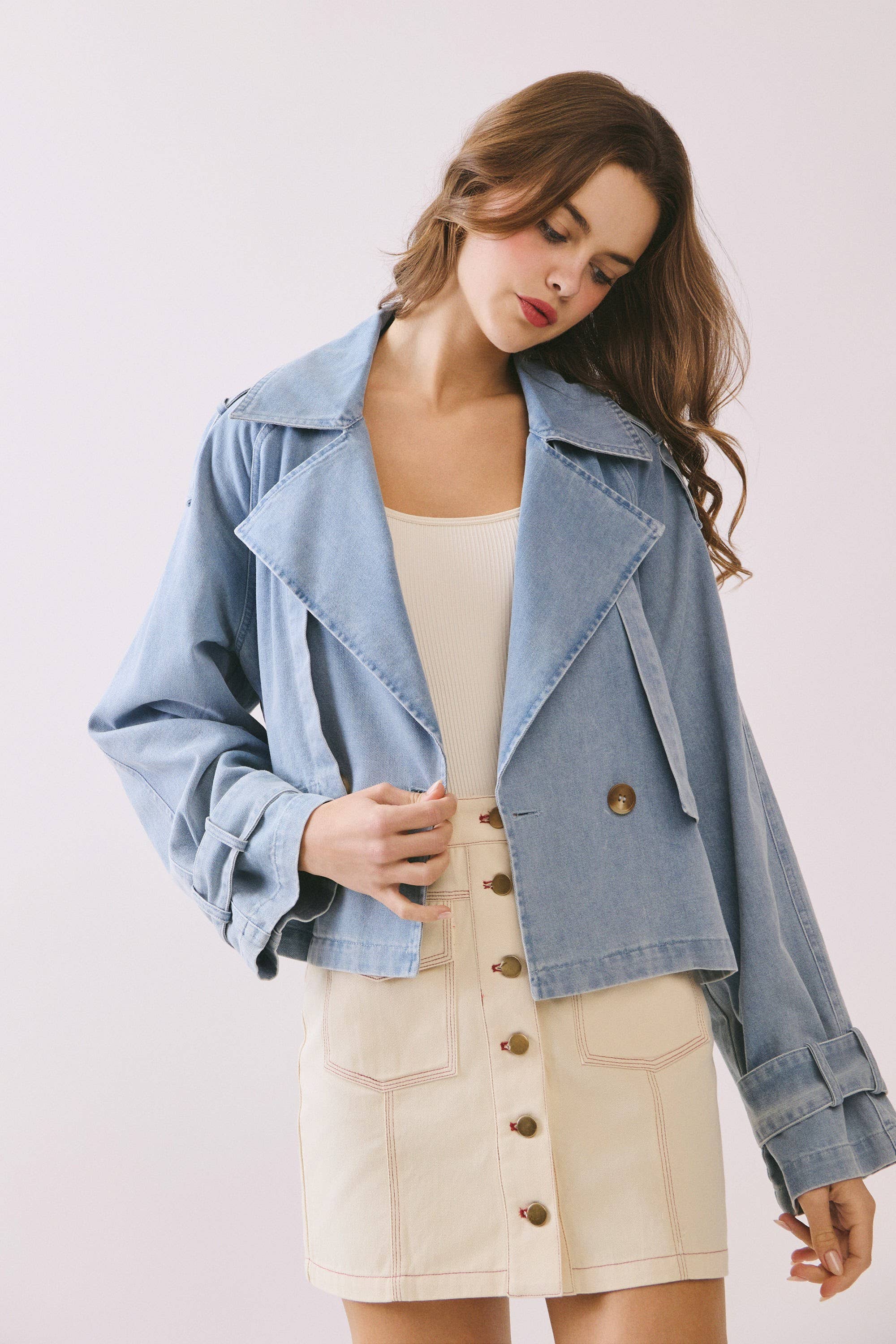 Wholesale CJ6649-Double Breasted Front Button Oversize Denim Jacket for ...
