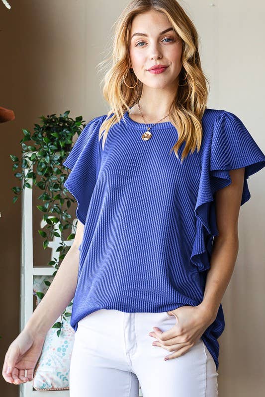 Wholesale ET7535-10 SHORT RUFFLED SLEEVE SOLID URBAN RIBBED TOP for ...