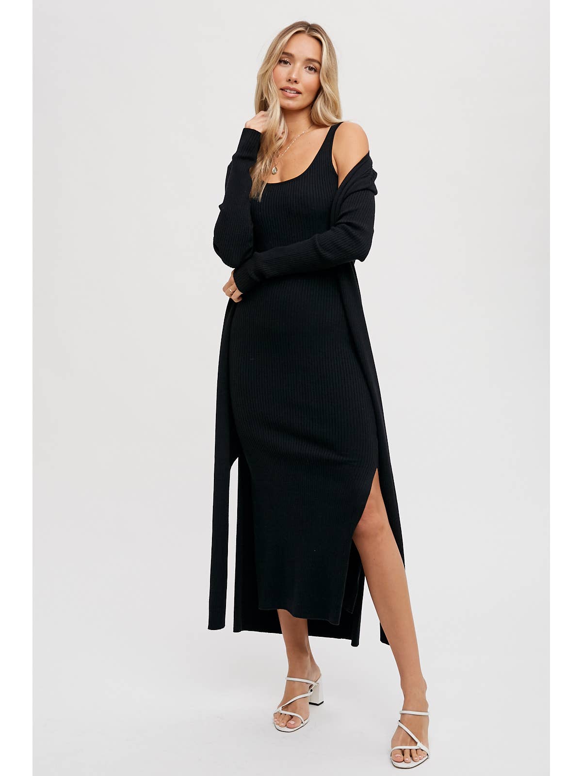 Wholesale Ribbed Knit Longline Cardigan And Bodycon Maxi Dress Set For