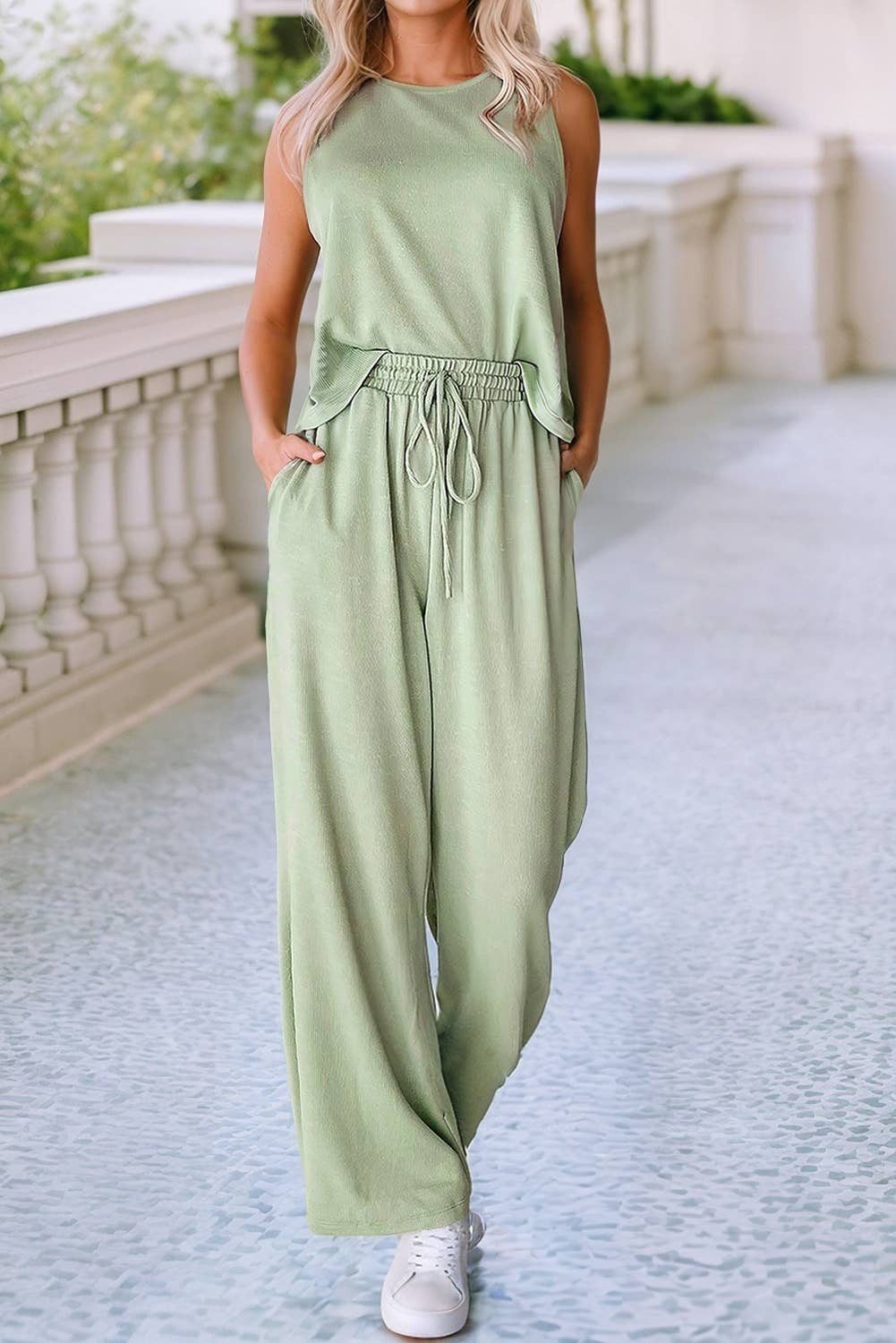 Wholesale LDC Textured Tank Top and Drawstring High Waist Pants Set for ...