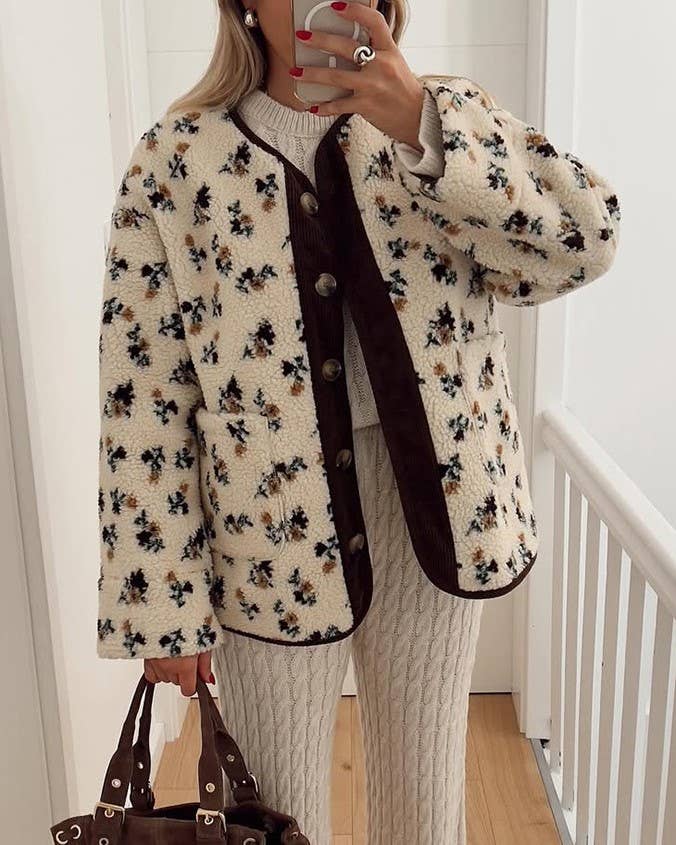 Wholesale Cozy Bohemia Floral Sherpa Fleece Jacket for your store - Faire