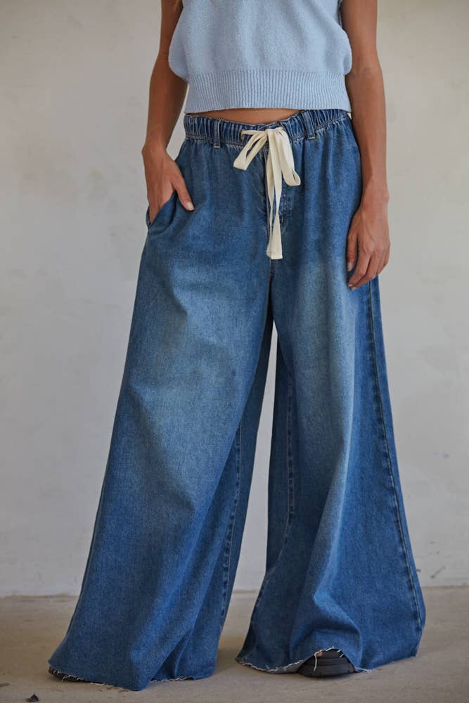 Wholesale BD283 | Denim Drawstring Waist Band Wide Leg Pants for your ...