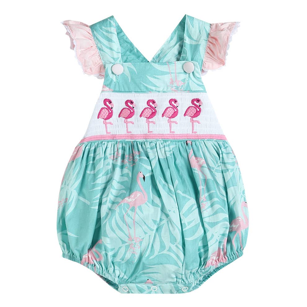Wholesale Turquoise Print Smocked Flamingo Romper for your store - Faire