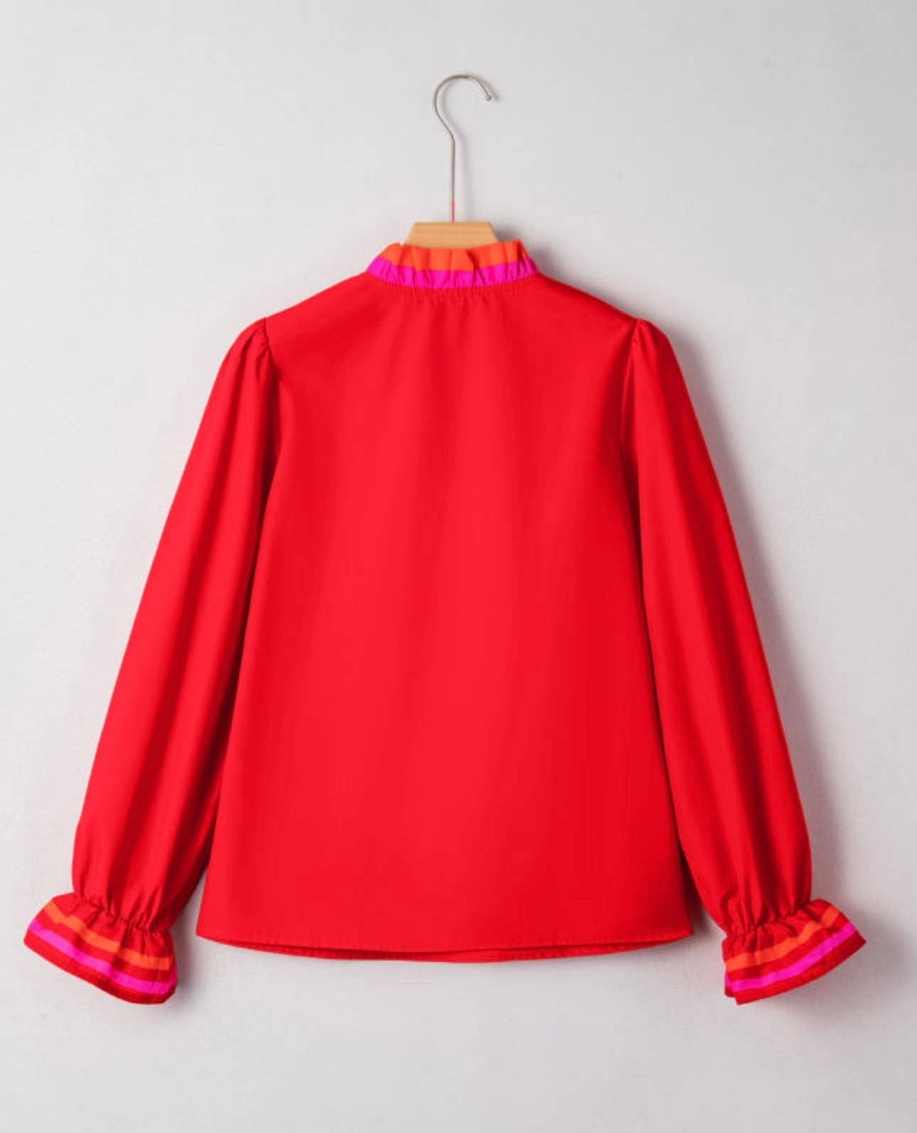 Wholesale Fiery Red Striped Trim Ruffle Split Neck Long Sleeve Blouse ...