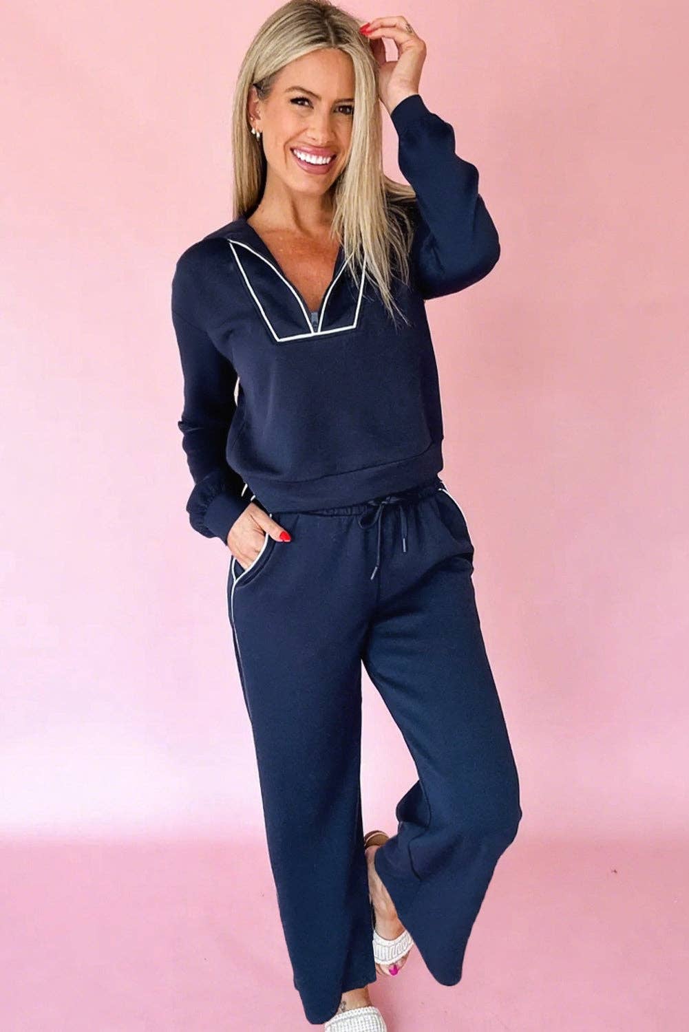 Wholesale Navy Blue Contrast Piping Zipped Pullover Cropped Pants Set ...