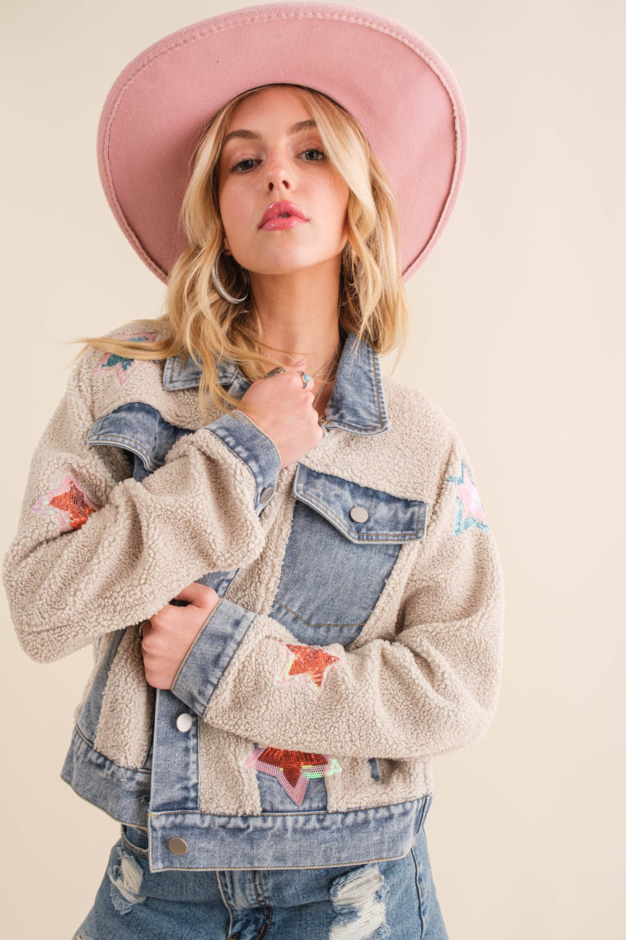 Wholesale 32973J - Teddy Denim Contrast Yee Haw Sequin Star Jacket for ...
