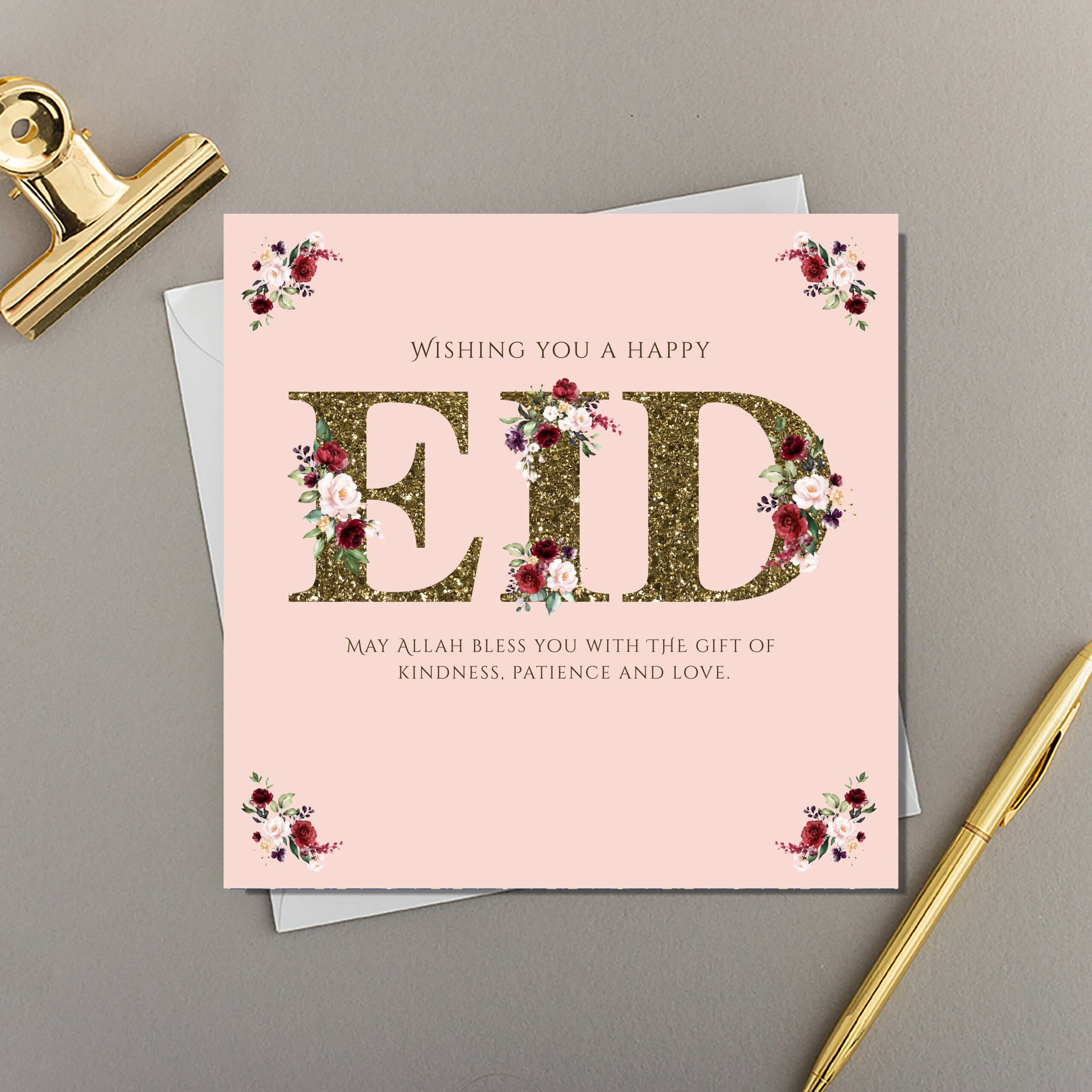Wholesale x6 Glitter rose printed blush Eid card for your store - Faire