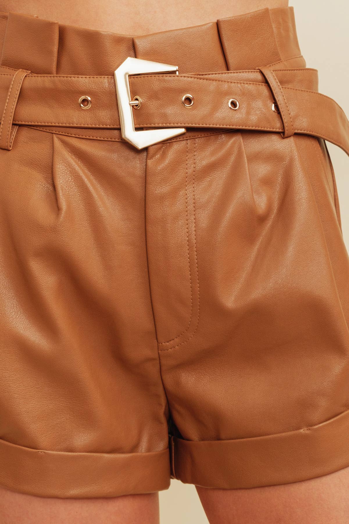Wholesale CP4377B-BR - PLEATHER HIGH WAIST BUCKLED SHORTS for your ...