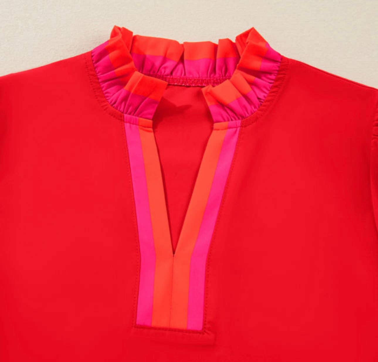 Wholesale Fiery Red Striped Trim Ruffle Split Neck Long Sleeve Blouse ...