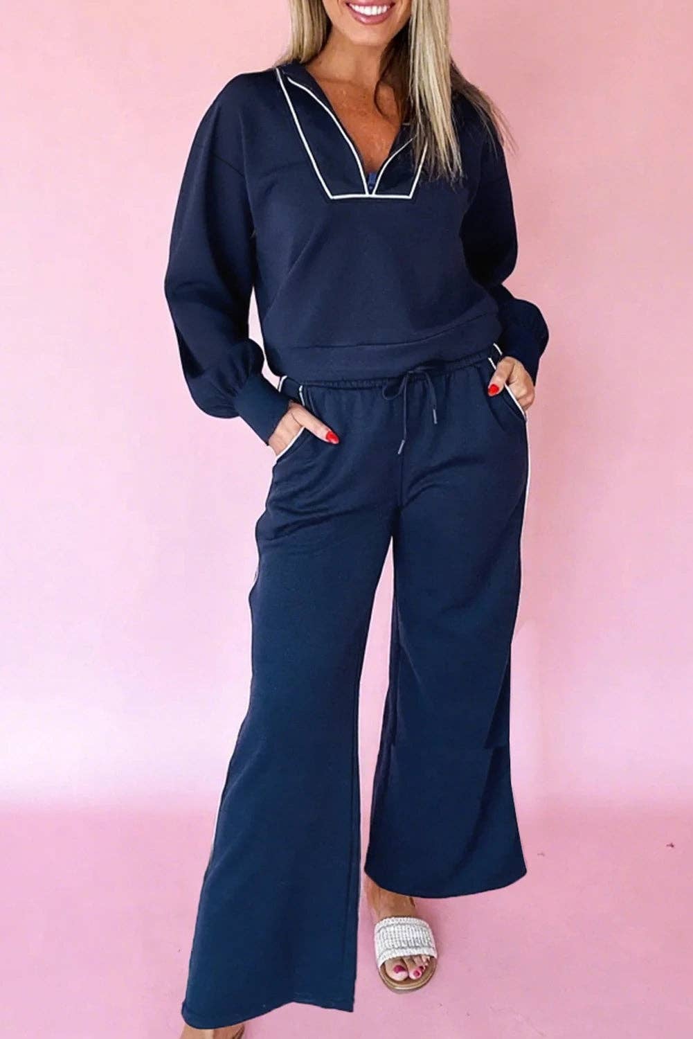 Wholesale Navy Blue Contrast Piping Zipped Pullover Cropped Pants Set ...
