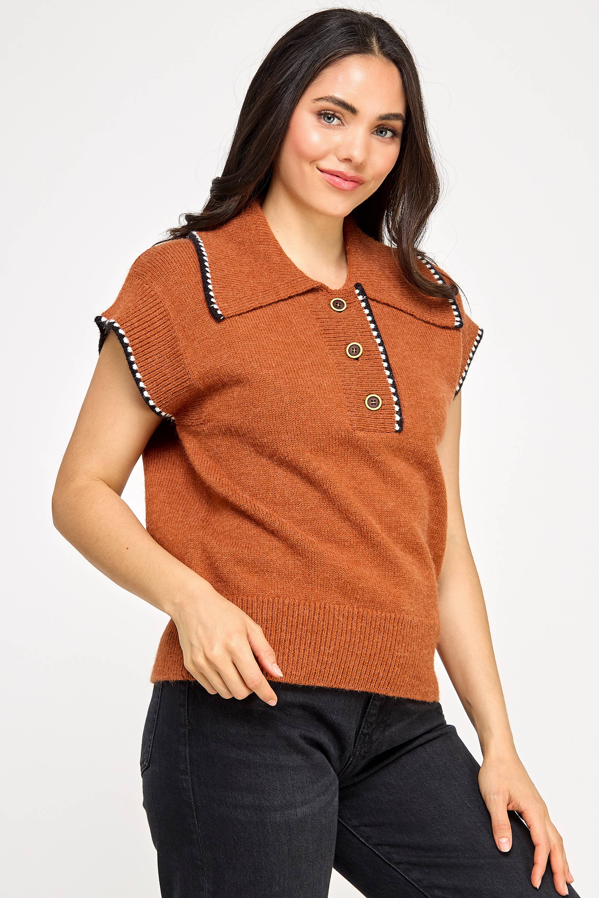 Wholesale RT-4133-6 STITCHED COLLAR SWEATER VEST for your store - Faire