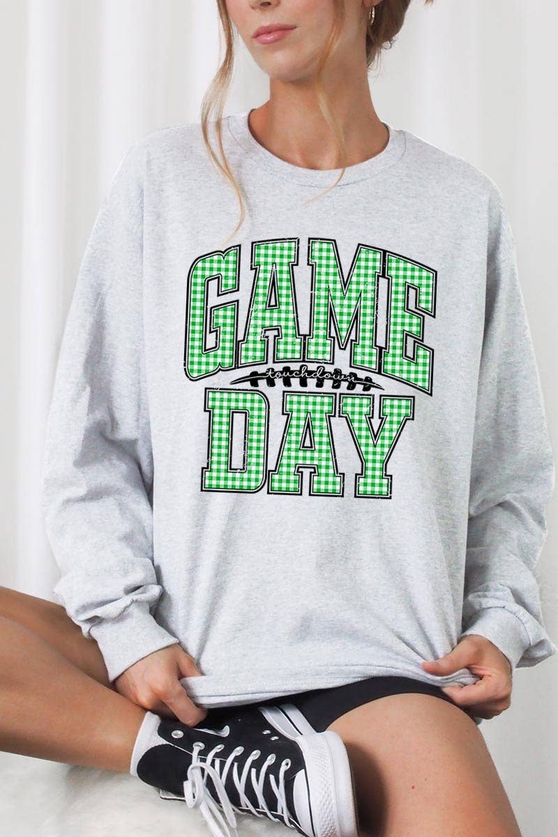 Wholesale Green Gingham Game Day Graphic Long Sleeve Tee for your store ...