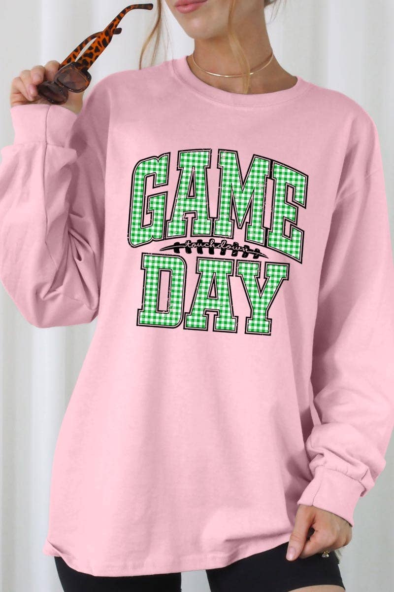 Wholesale Green Gingham Game Day Graphic Long Sleeve Tee for your store ...