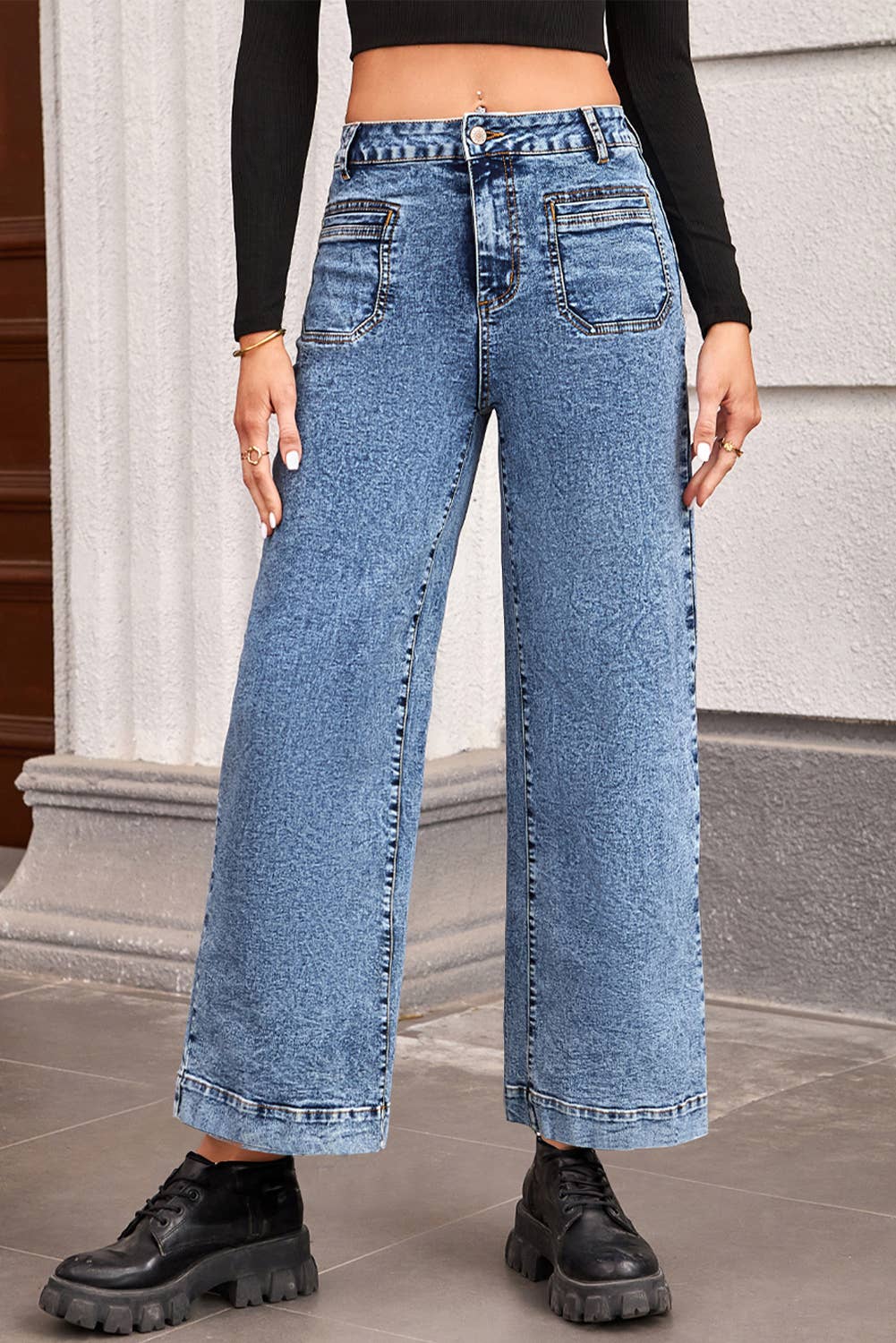 Wholesale Chic Patch Pocket Straight Leg Loose Jeans for your store - Faire