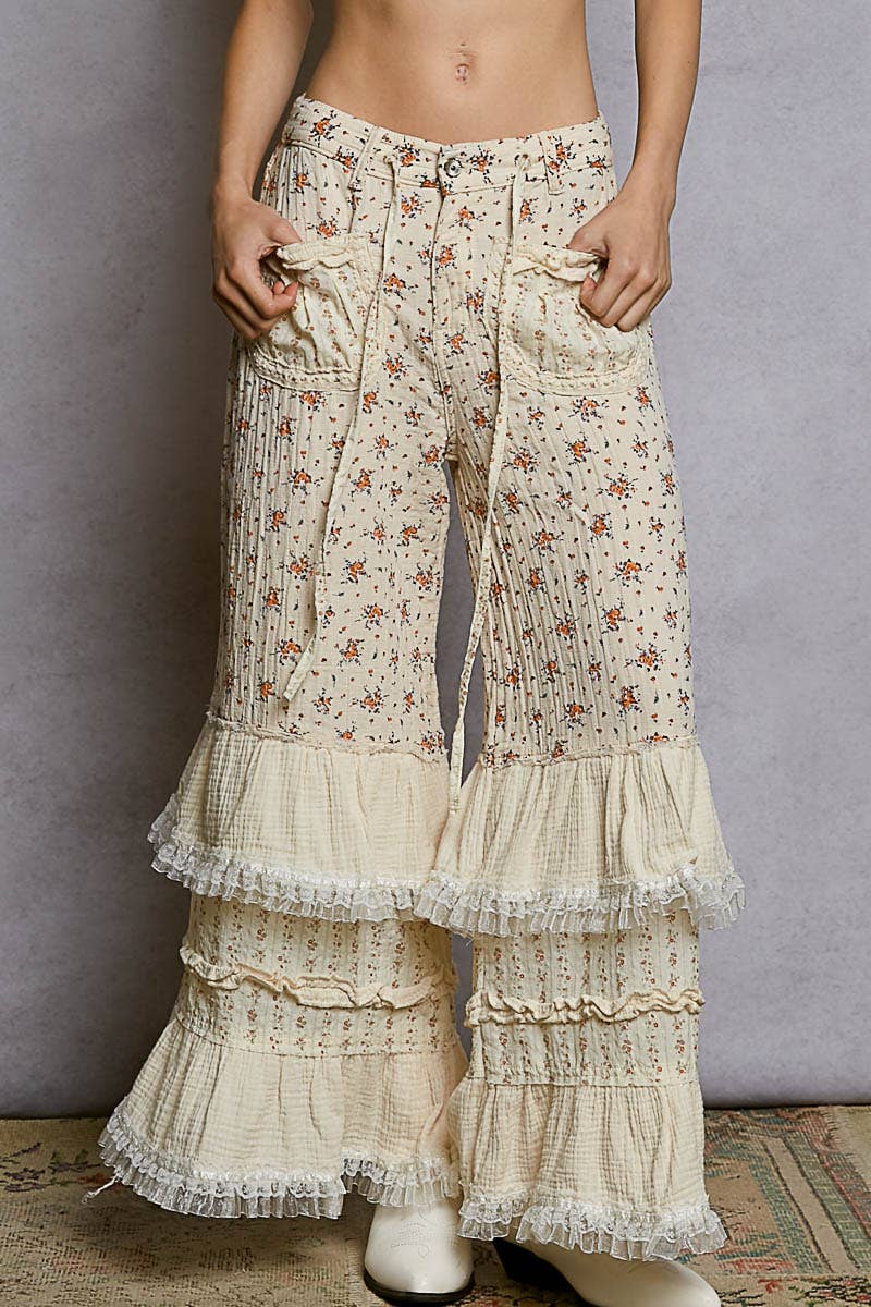 Wholesale Double Gauze Floral Front Patch Pockets Ruffle Wide Pants for ...