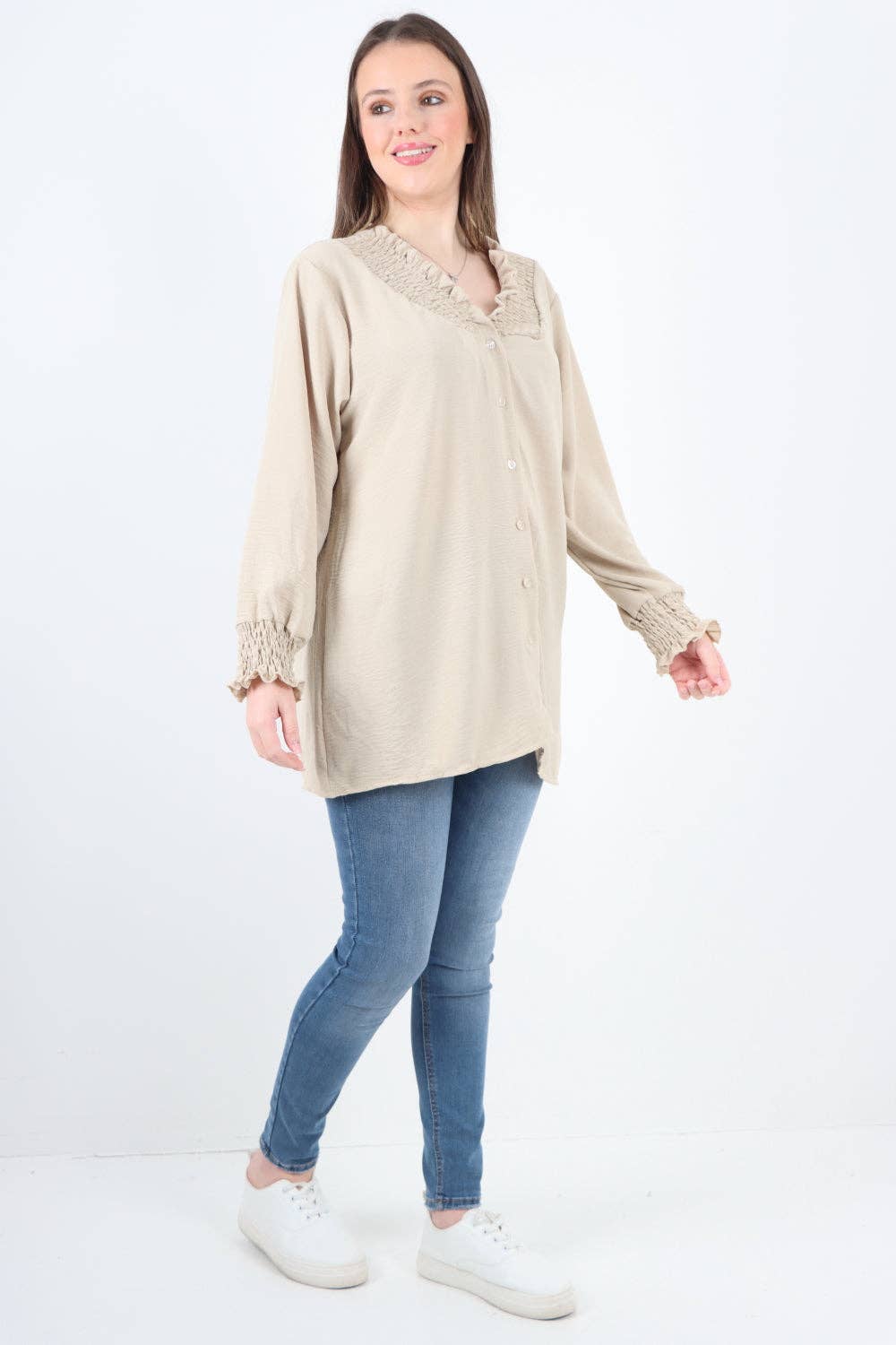 Wholesale Italian Shirred V Neck Long Sleeve Tunic Top for your store ...