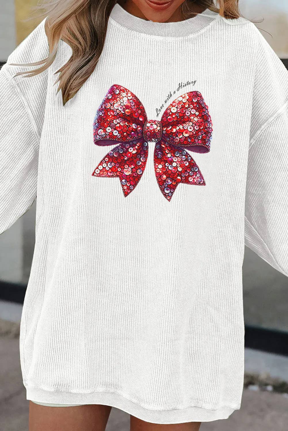 Wholesale Valentines Day Sequin Bow Graphic Cozy Sweatshirt for your store - Faire