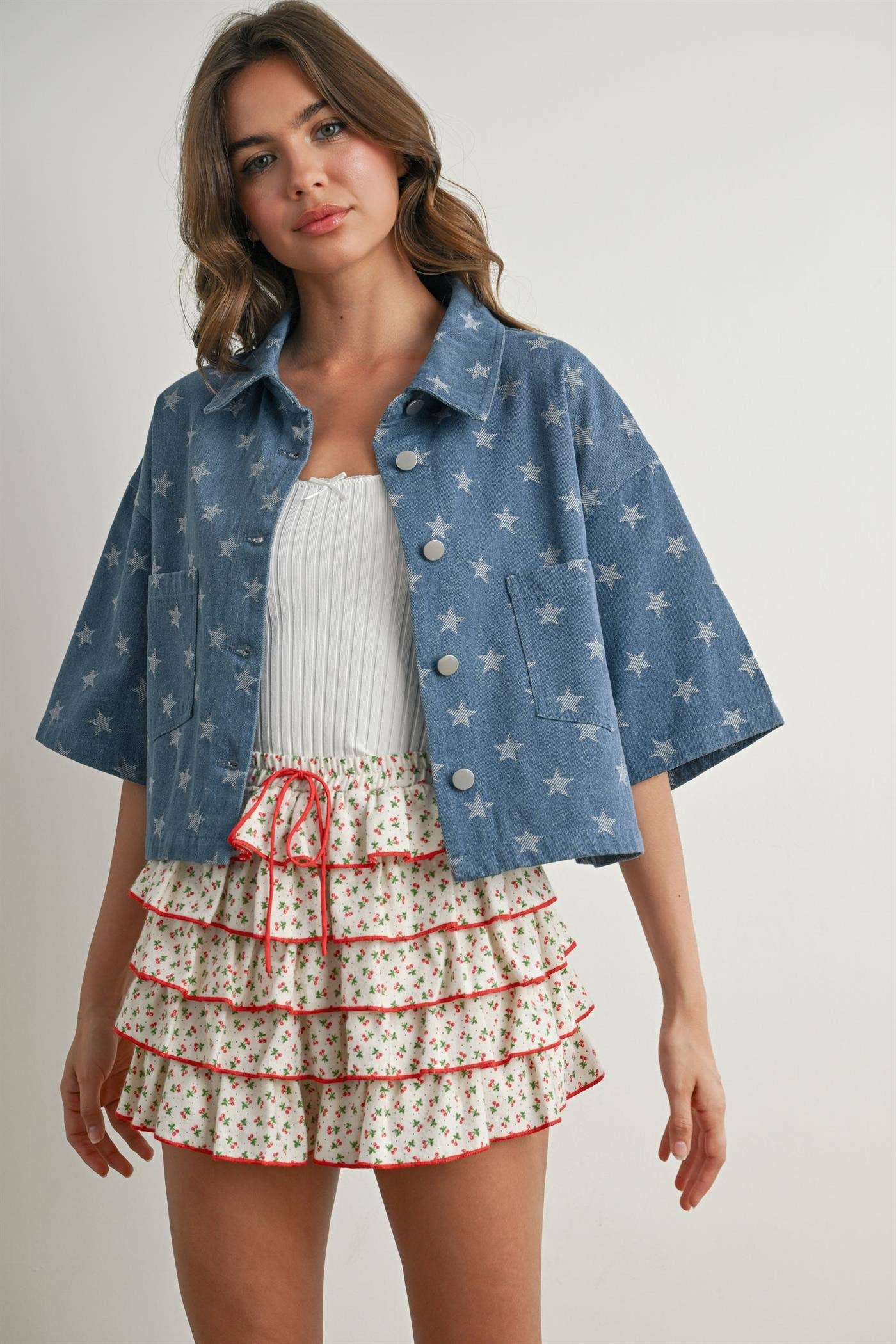 Wholesale PM1686 - STAR PRINT BUTTON FRONT CROPPED JACKET for your ...