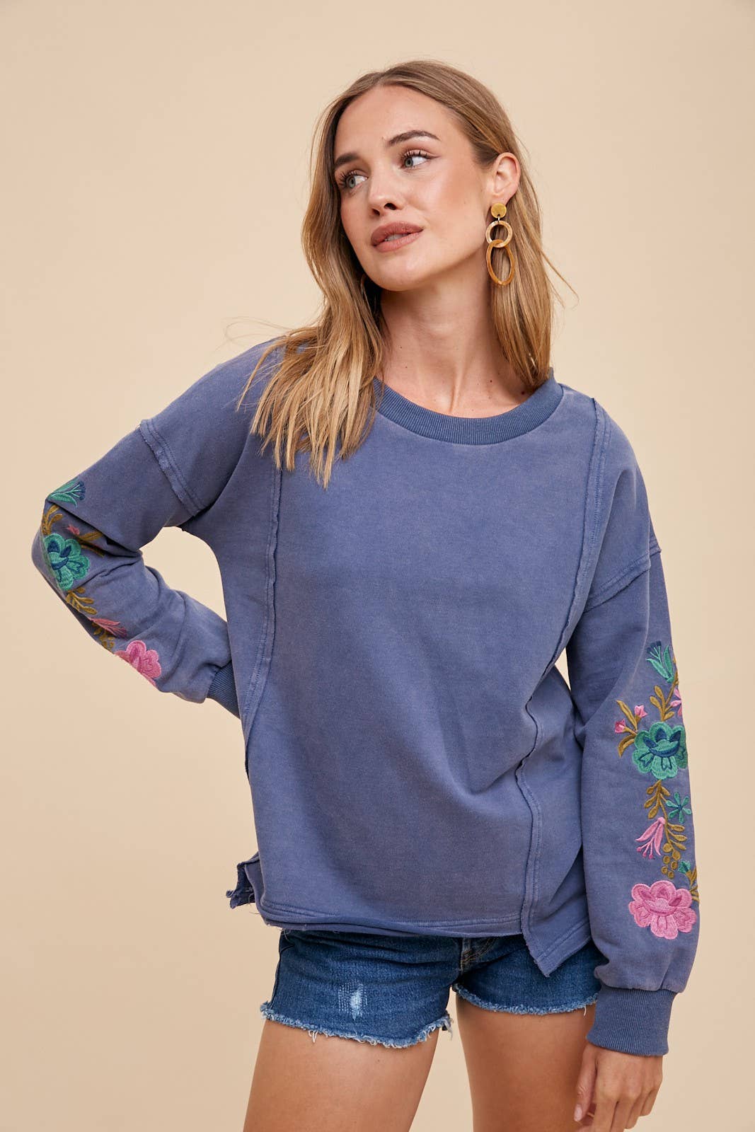 Wholesale FLORAL EMBROIDERED SLEEVE MINERAL WASH KNIT TOP_AT1513 for your store - Faire