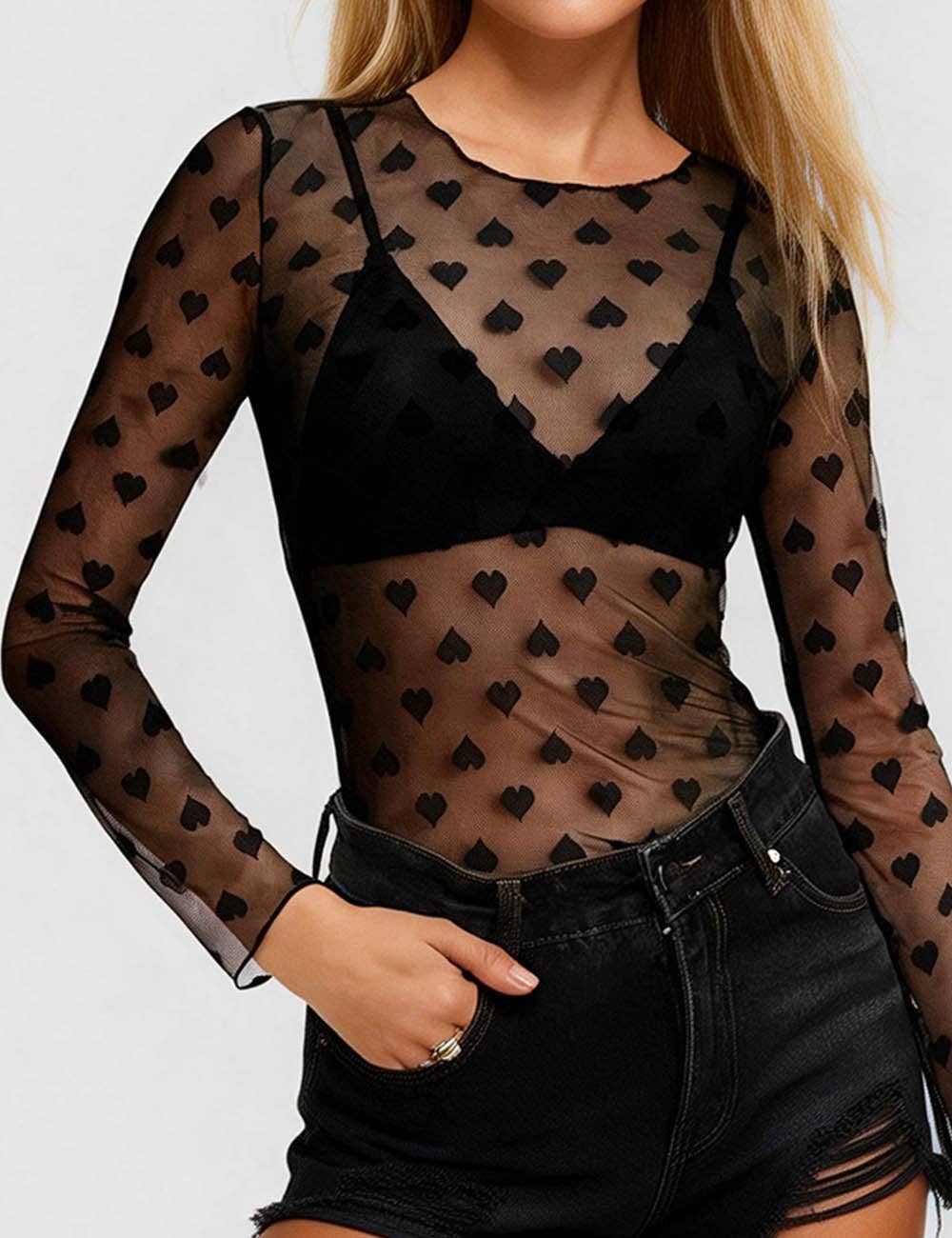 Wholesale Ladies Valentine's Heart Graphic Sheer Lace Layering Top for ...