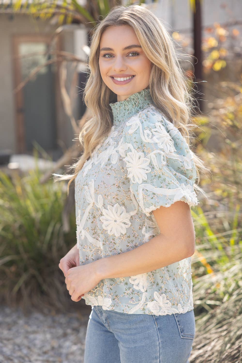 Wholesale 36290 Smocked Mock Neck With Floral Lace Detailed Top for ...