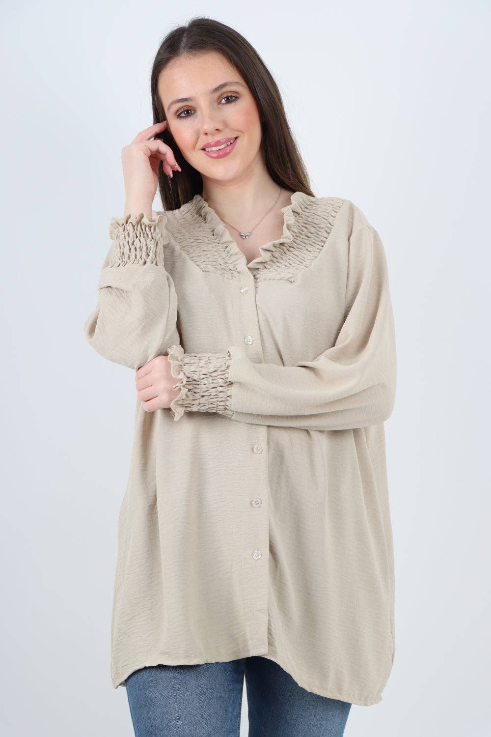 Wholesale Italian Shirred V Neck Long Sleeve Tunic Top for your store ...