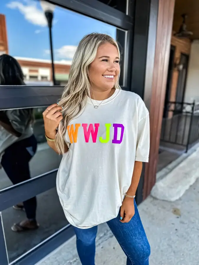 Wholesale WWJD Neon Puff Letter Graphic Tee for your store - Faire