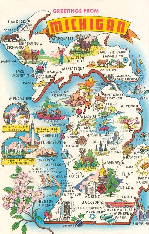 Wholesale MI-637 Greetings from Michigan, Map - Vintage Image, Postcard ...