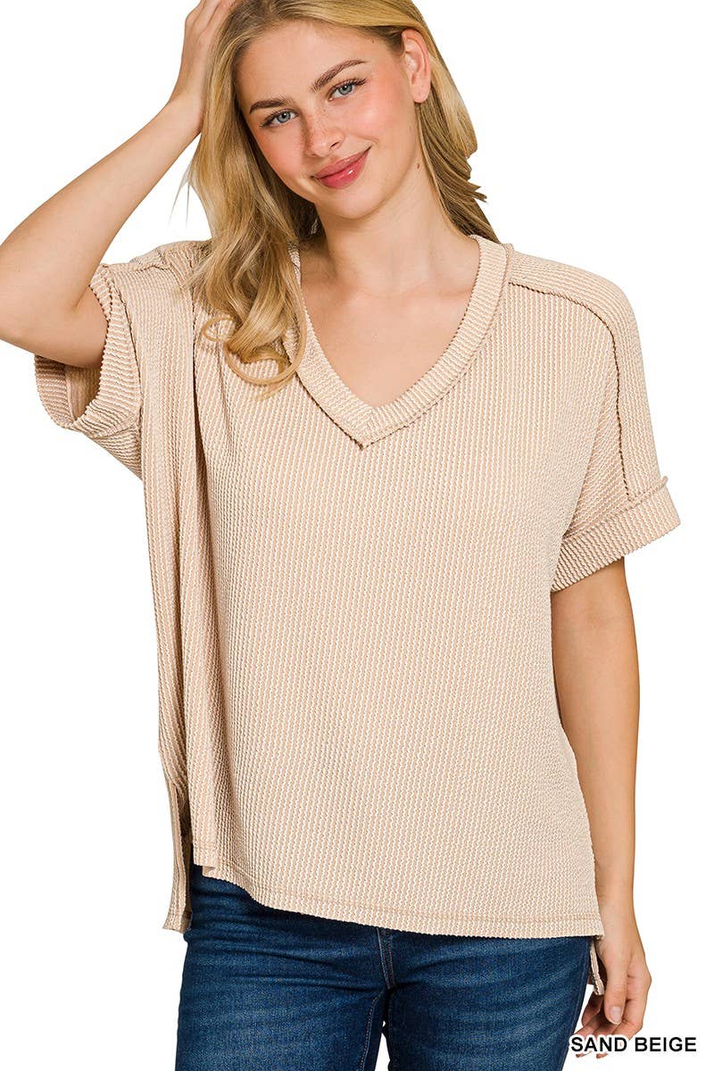 Wholesale Raised Rib Short Sleeve Hi-low V Neck Top for your store - Faire
