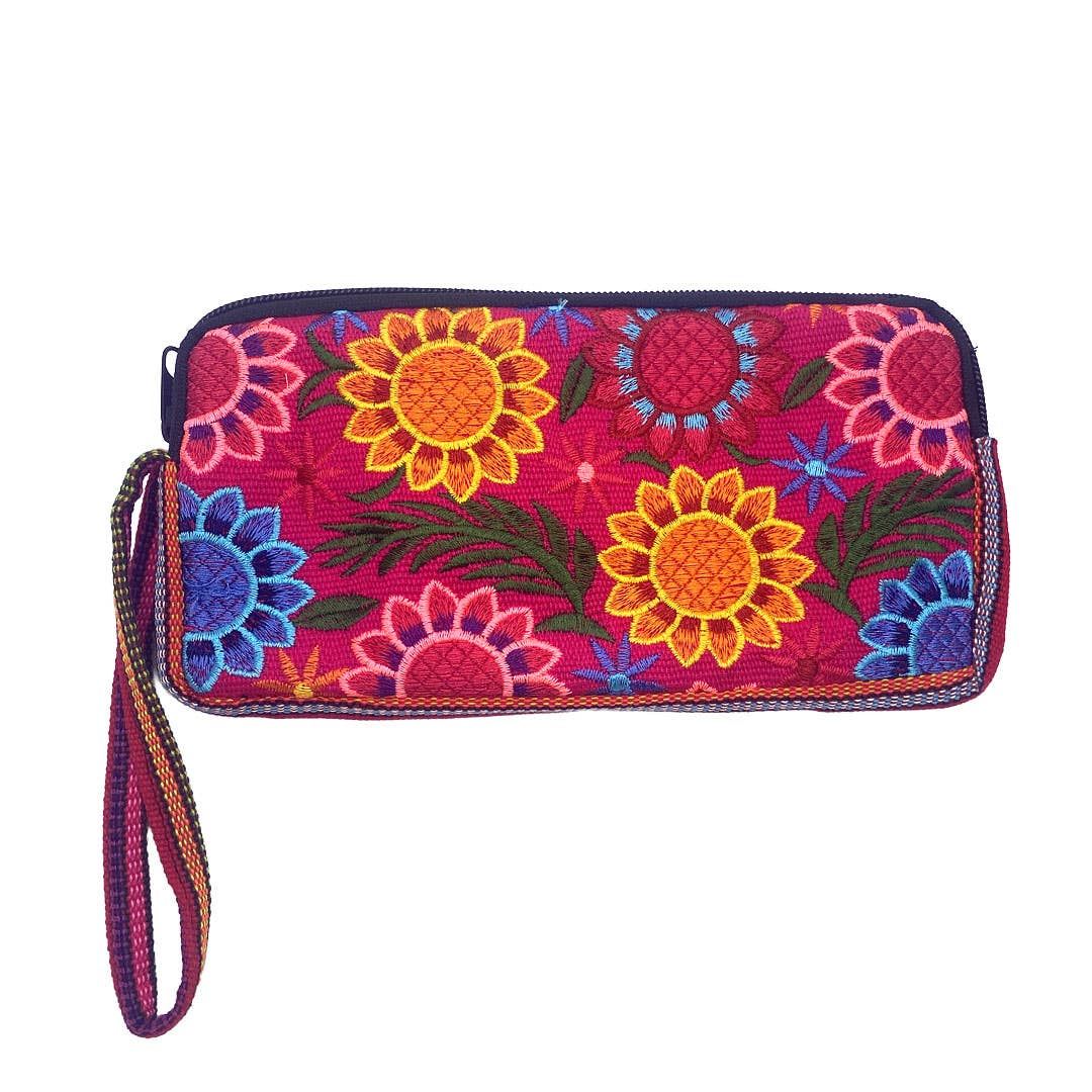 Wholesale Large Floral Embroidered Pouch Wristlet Strap Zipper Bag for ...