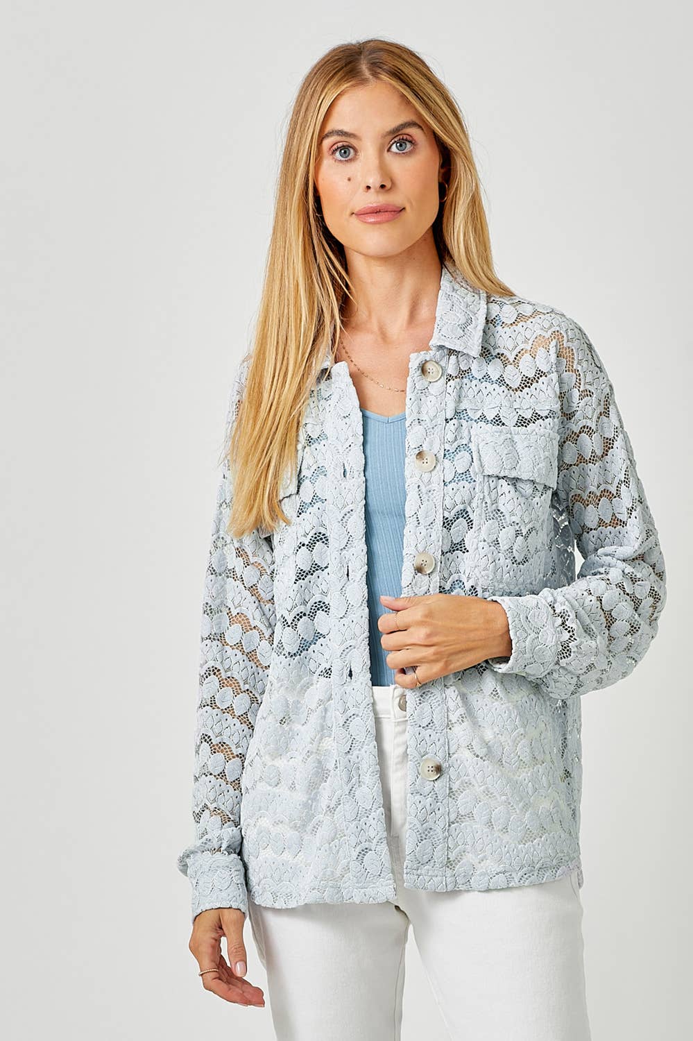 Wholesale 60462 Button Down Lace Shacket for your store - Faire