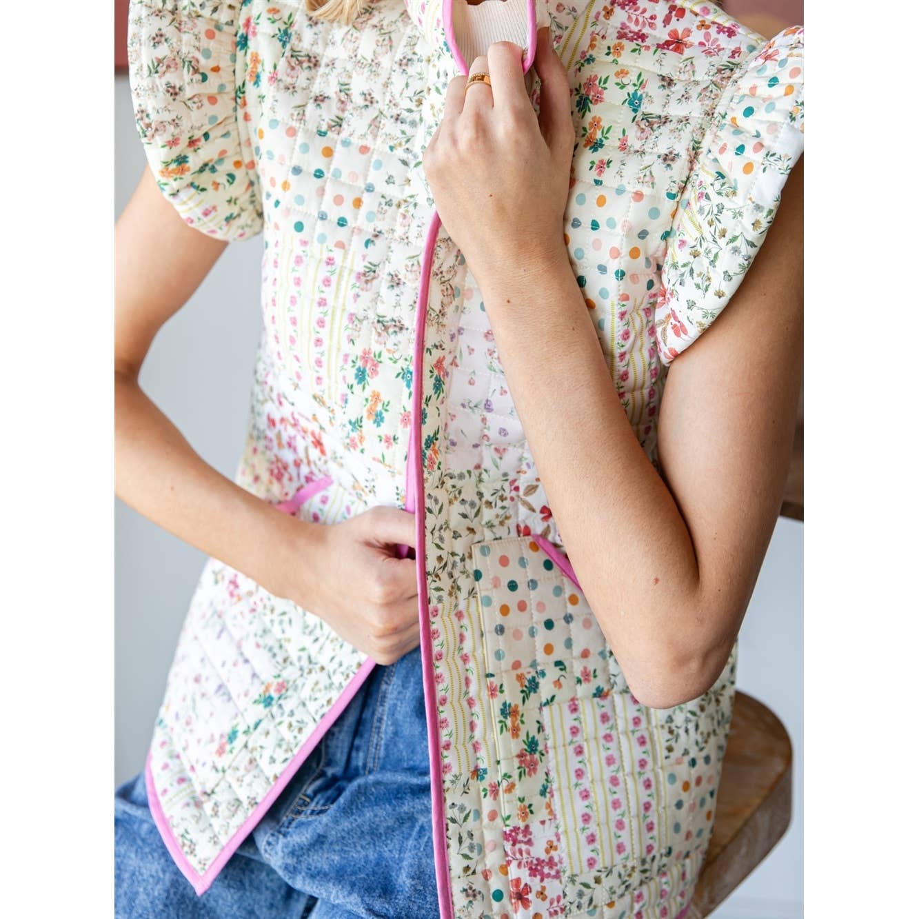 Wholesale Ruffle Shoulder Quilted Open Vest for your store - Faire
