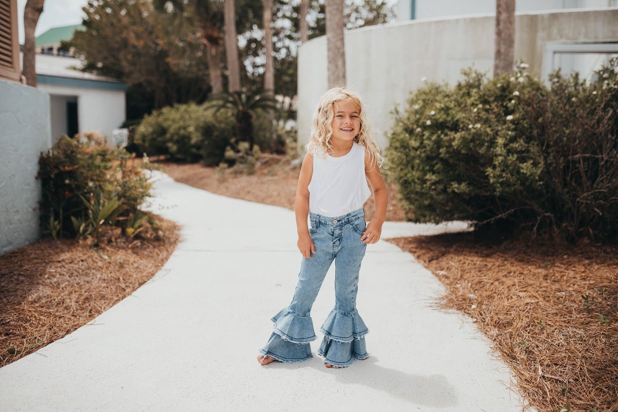 Wholesale Kids Light Wash Denim Double Ruffle Jeans for your store - Faire
