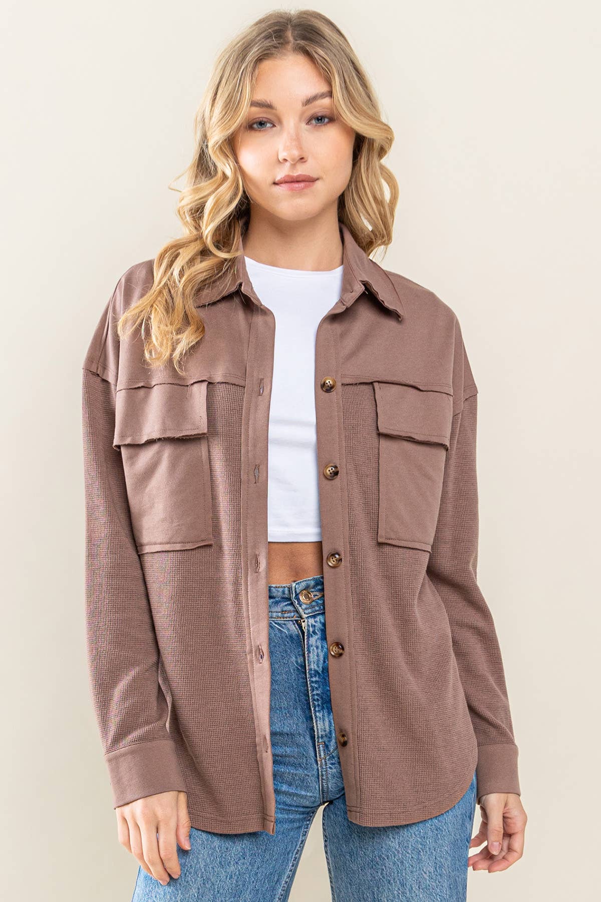 Wholesale ET1660 OVERSIZED SHACKET WITH MIXED TERRY AND THERMAL for ...